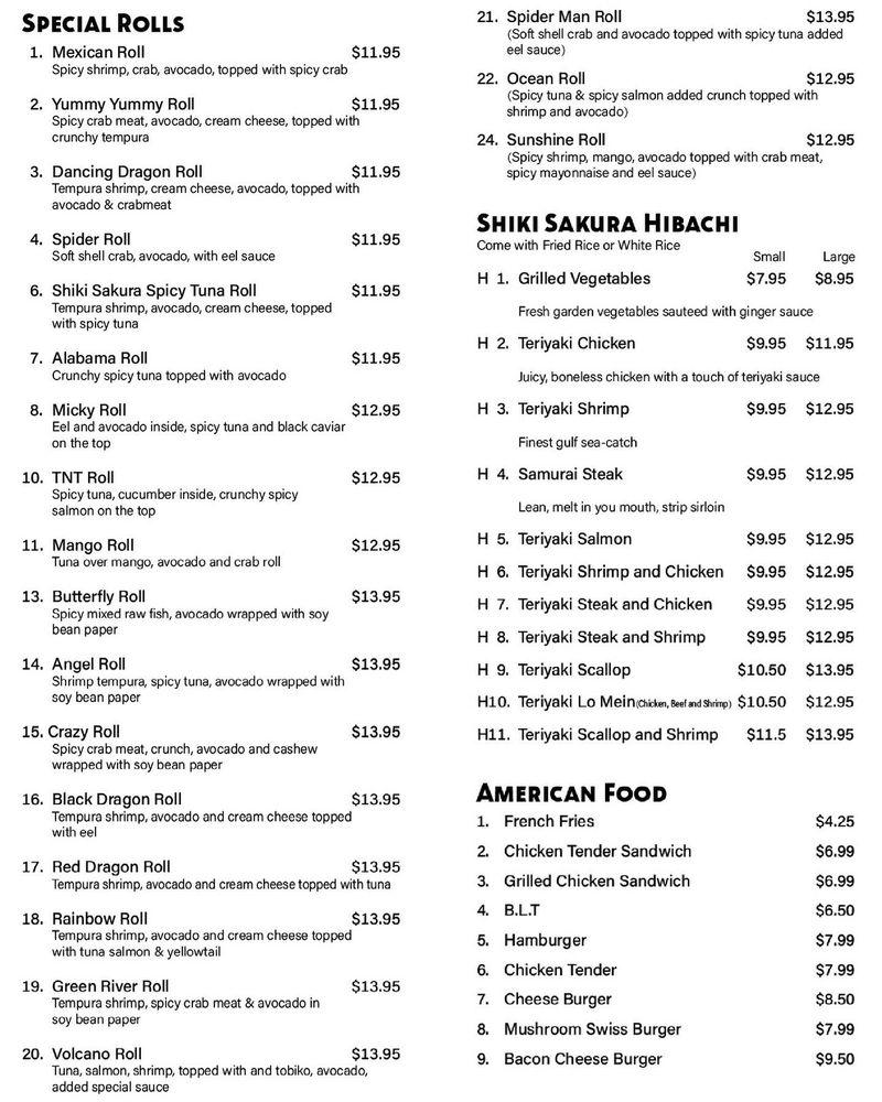 Menu at Shiki Sakura restaurant, Birmingham, 27 Olmsted St