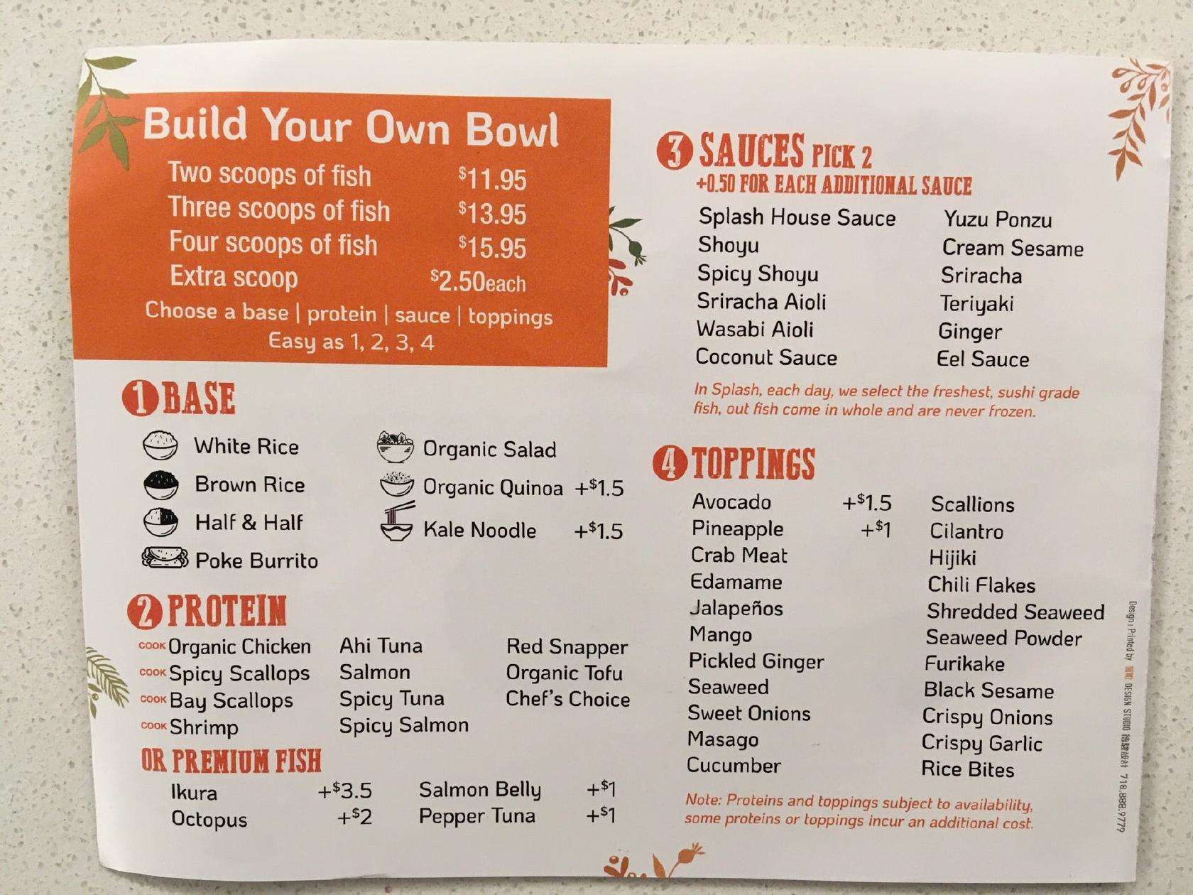 Menu at Splash Poke restaurant, Fort Lee