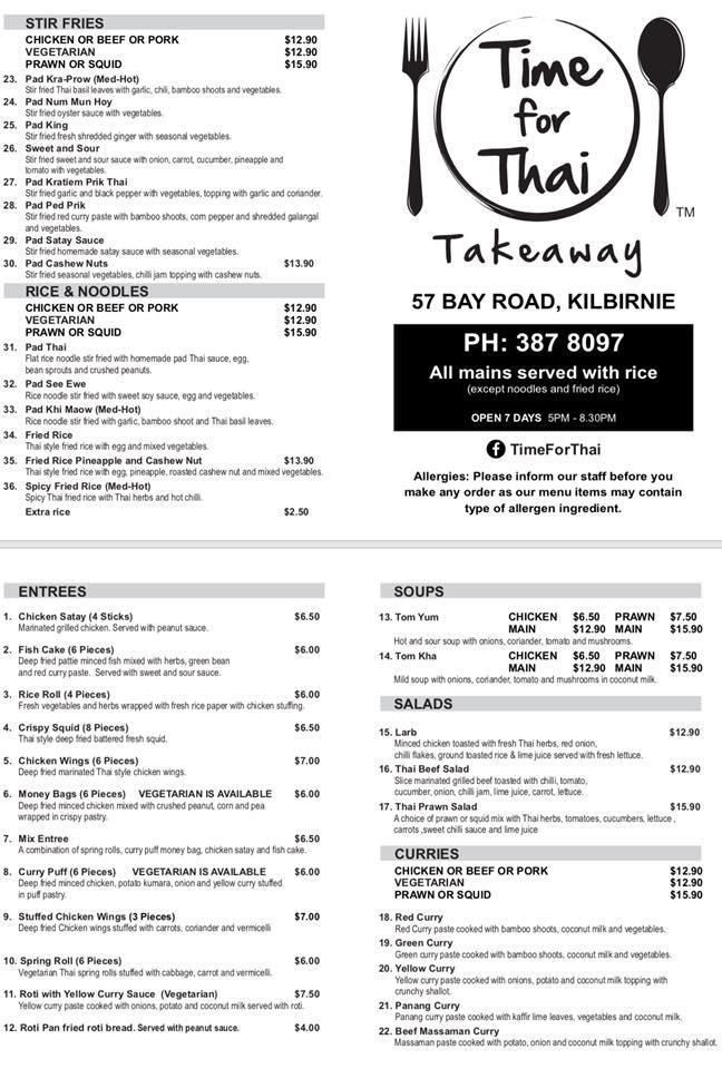 Menu at Time For Thai restaurant, Wellington, 57 Bay Rd