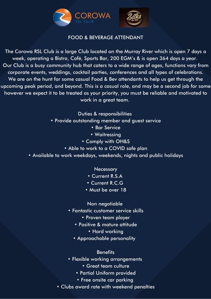 Menu at Club Corowa, Corowa