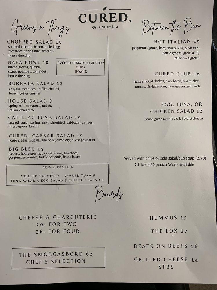Menu at Cured. On Columbia pub & bar, Covington, 415 N Columbia St