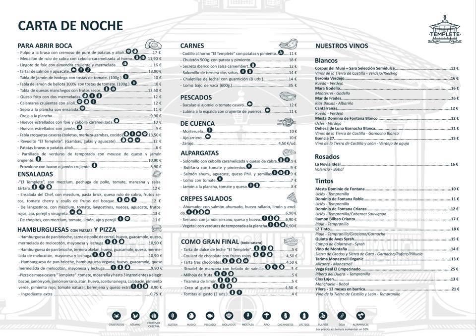 Carta del restaurante El Templete, Cuenca