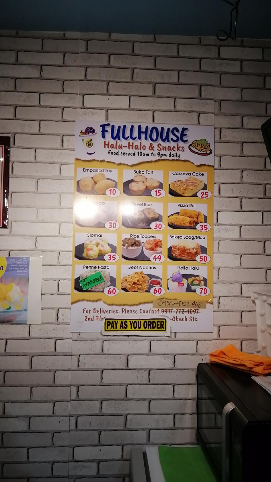 Menu at Fullhouse Halu-halo & Snacks restaurant, Iligan City