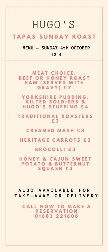 Menu at Hugo's restaurant, Moffat