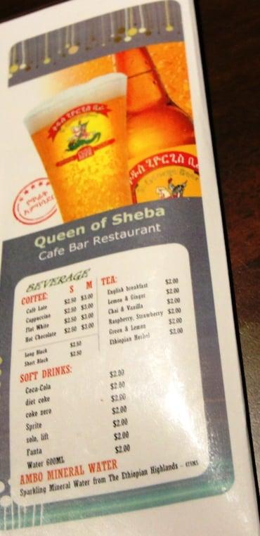 Menu at Queen of Sheba restaurant, Footscray
