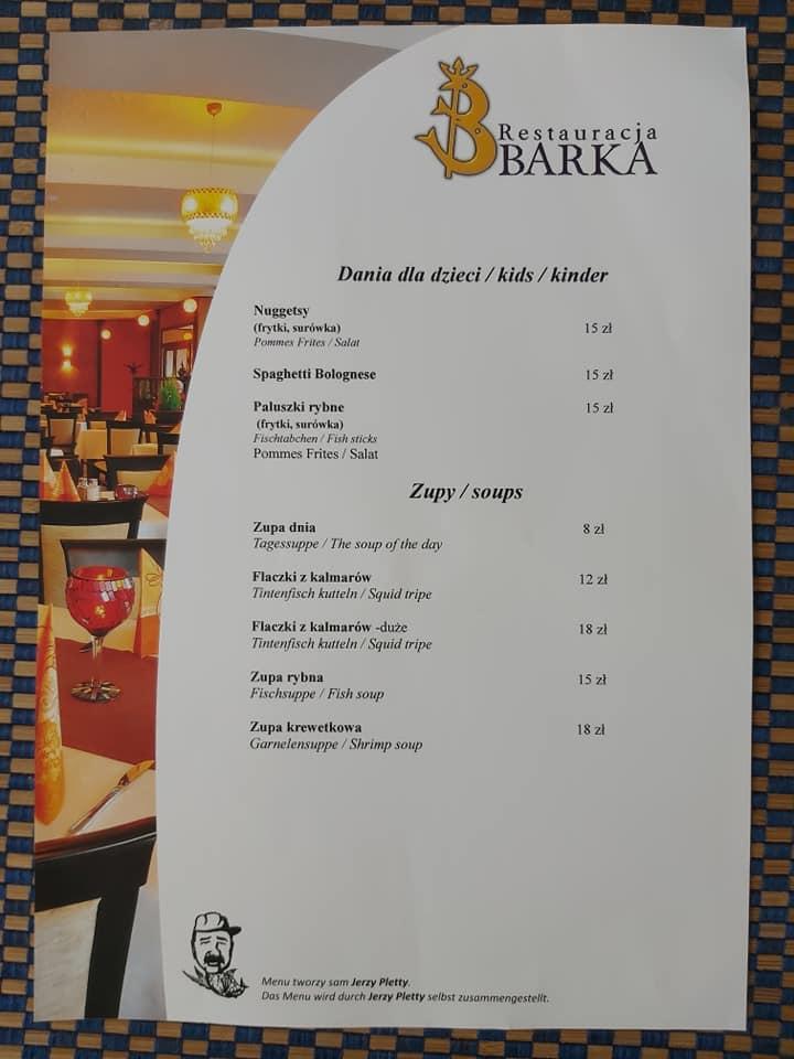 Menu at Restauracja Barka, Kolobrzeg