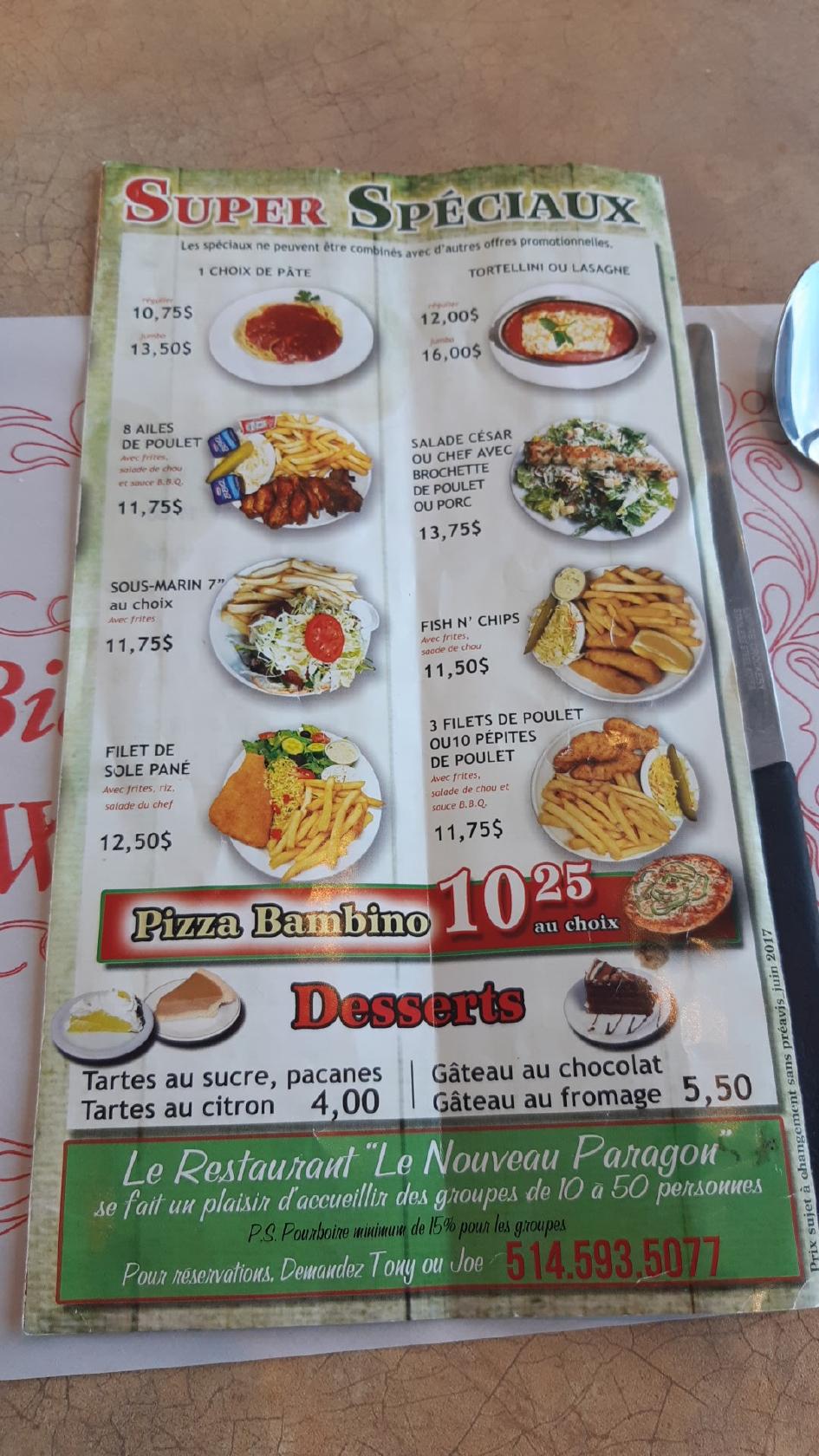 Menu at Restaurant Paragon (Jarry), Montréal