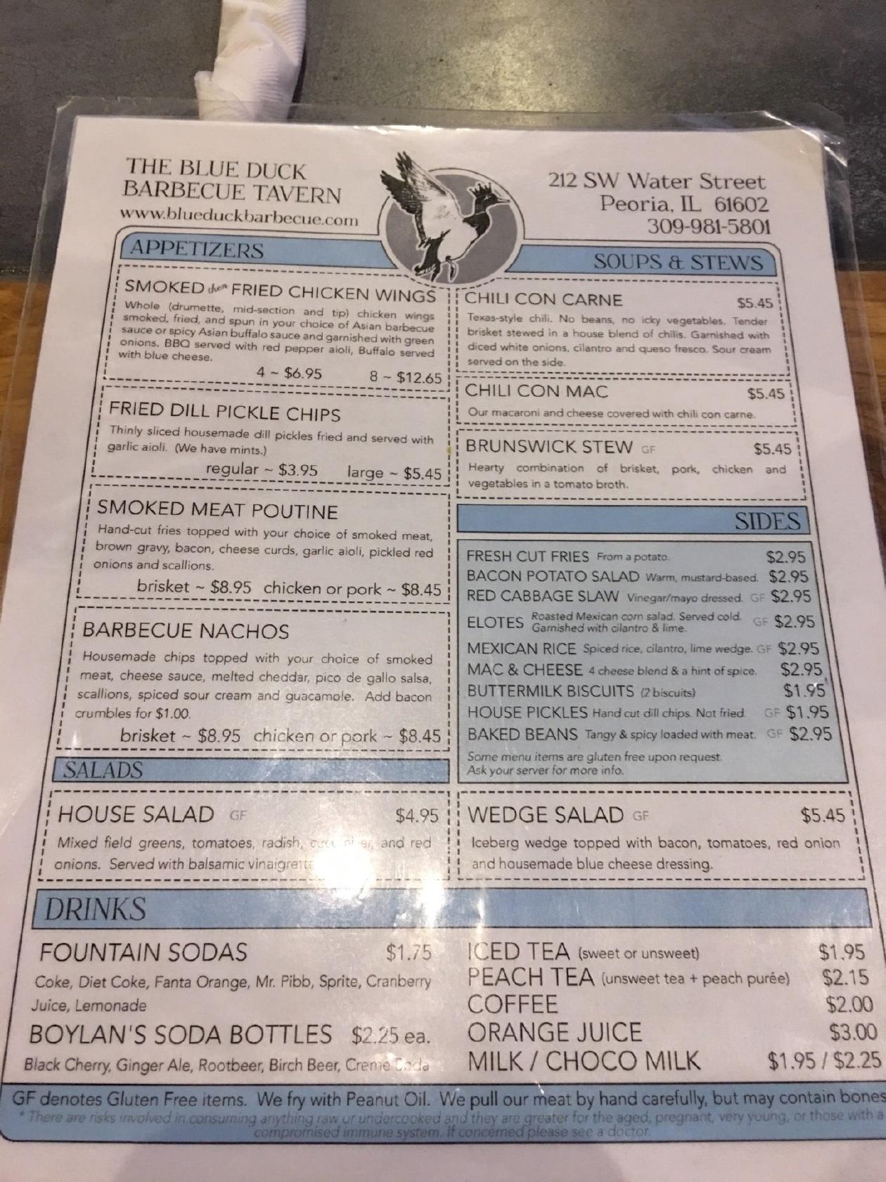 Menu at The Blue Duck Barbecue Tavern, Peoria