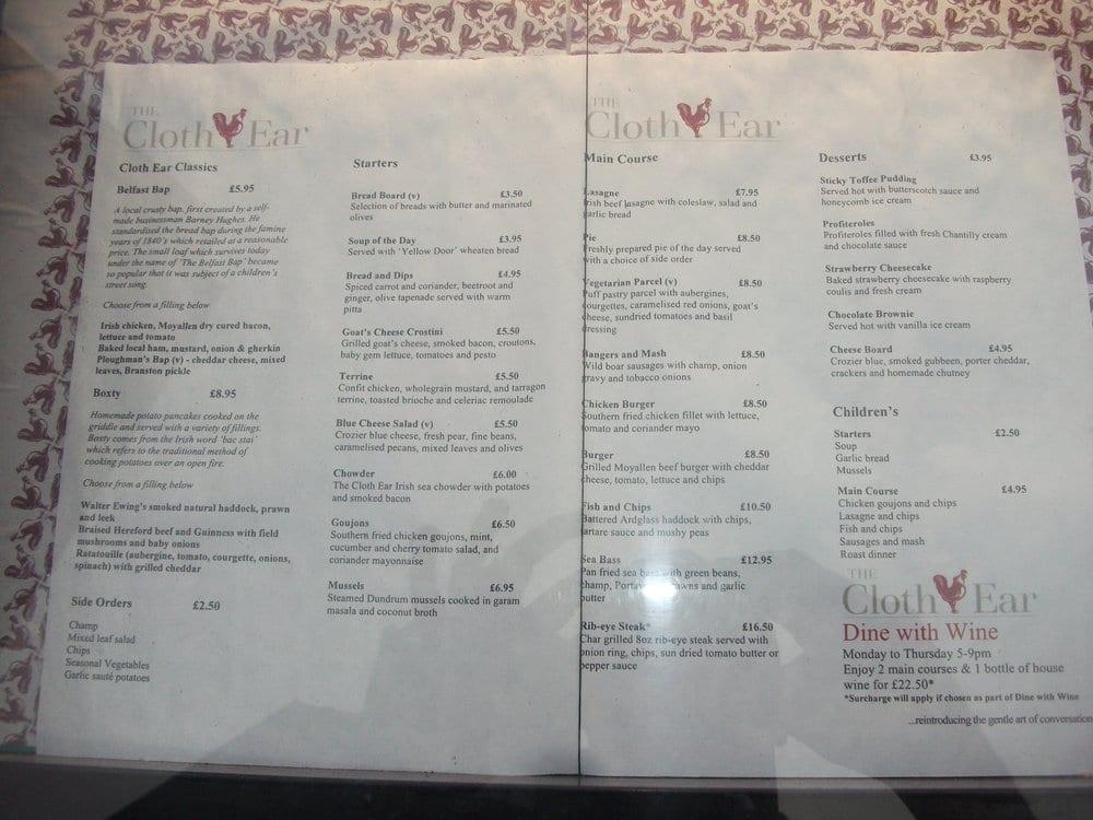 Menu at The Cloth Ear pub & bar, Belfast