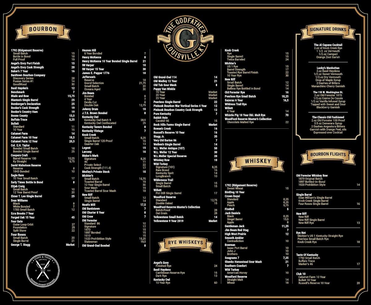 Menu at The Godfather Bourbon & Burlesque pub & bar, Louisville