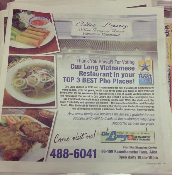 Menu at Cuu Long Vietnamese Restaurant, Aiea