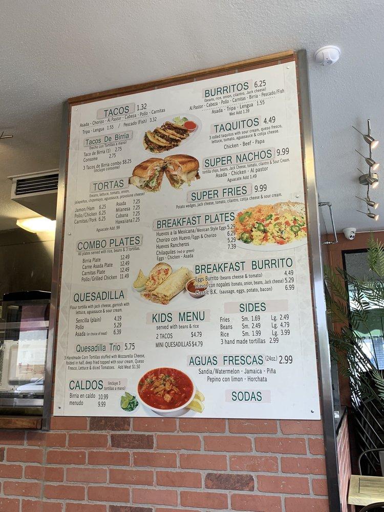 Menu at Navarro’s Taqueria restaurant, Santa Ana