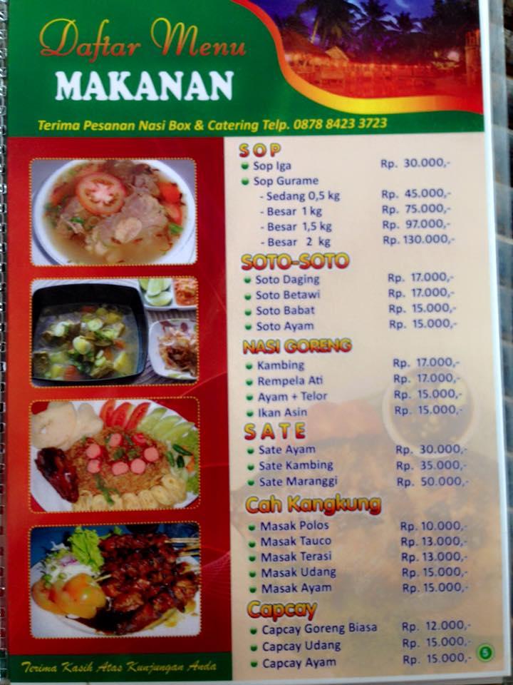 Menu at Rumah Makan Kayangan restaurant, Jakarta