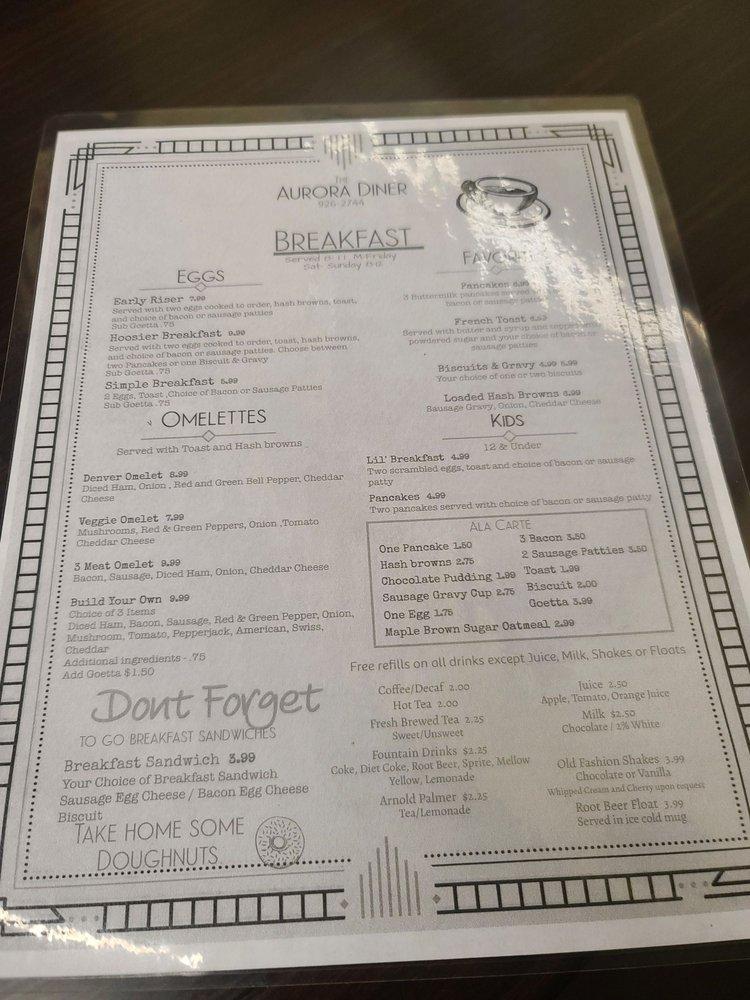 Menu at The Aurora Diner restaurant, Aurora