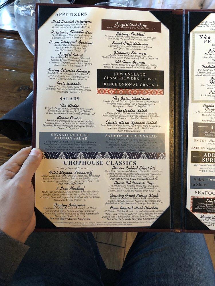 Menu at The Gambling Cowboy steakhouse, Temecula