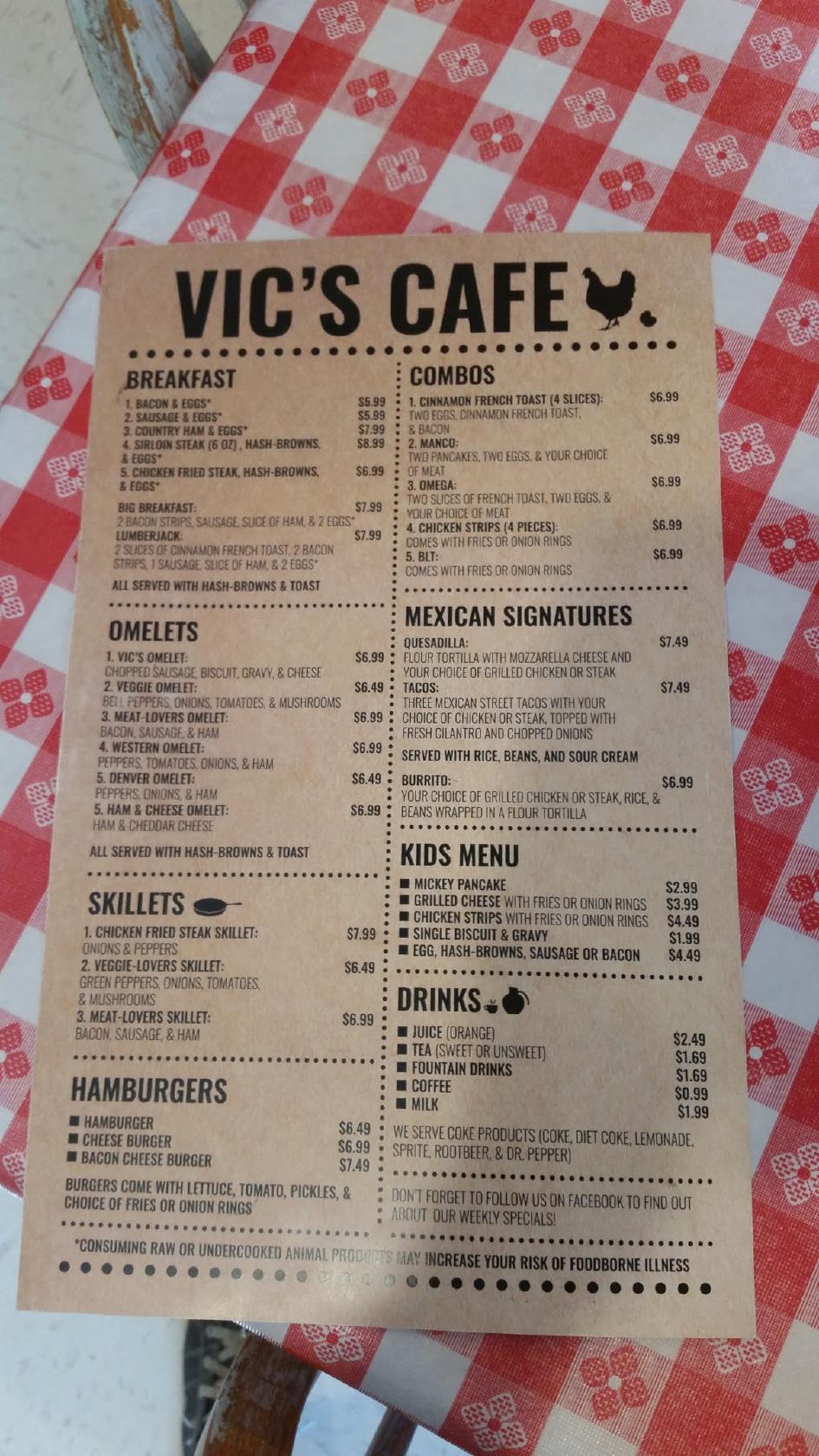 Menu at Vic's Cafe, Washburn