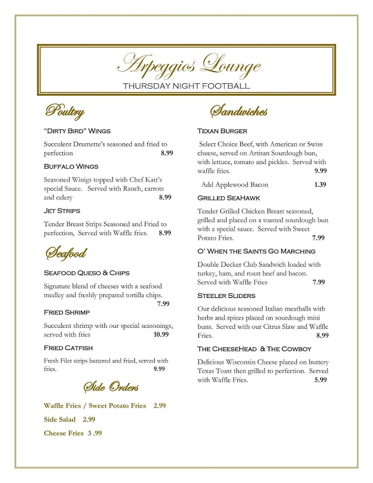 Menu at Arpeggios Lounge & Event Center restaurant, Opelousas