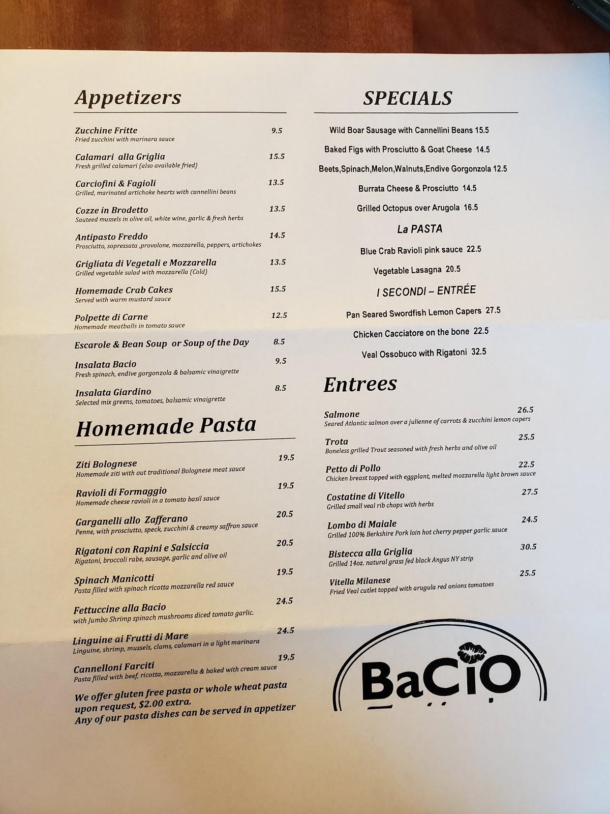 Menu at Bacio restaurant, Cross River