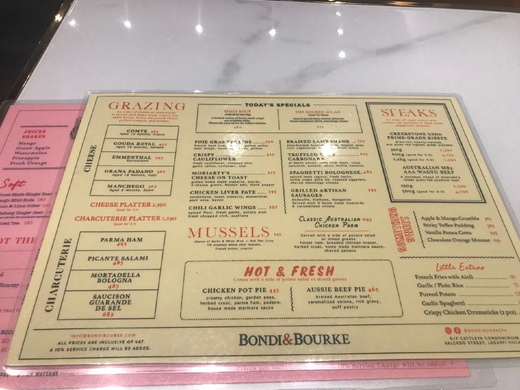 Menu at Bondi&Bourke steakhouse, Makati, Cattleya Condominium