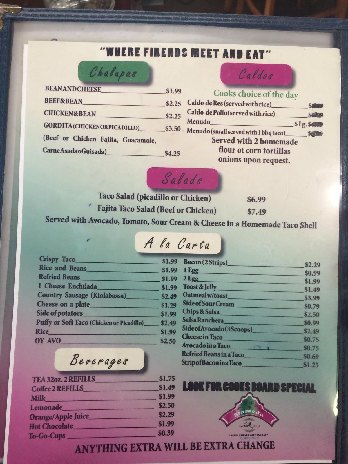 Menu at Cafe Alameda, San Antonio