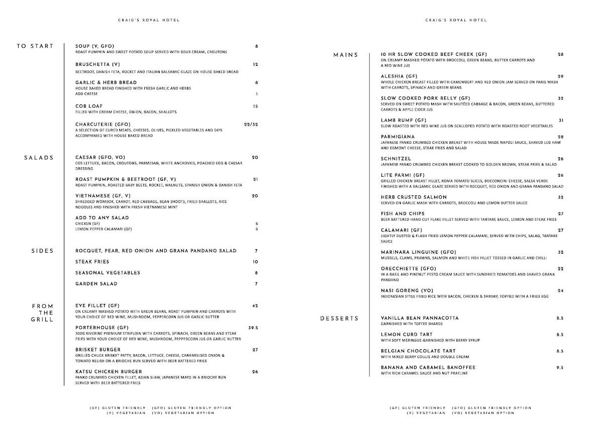 Menu at Craig's Royal Hotel restaurant, Ballarat Central