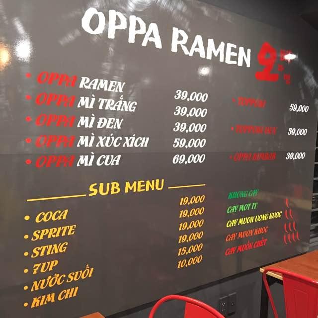 Menu at Oppa Ramen restaurant, Ho Chi Minh City