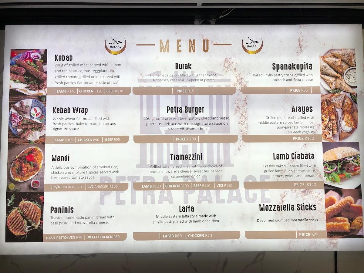 Menu at Petra Palace restaurant, Cape Town