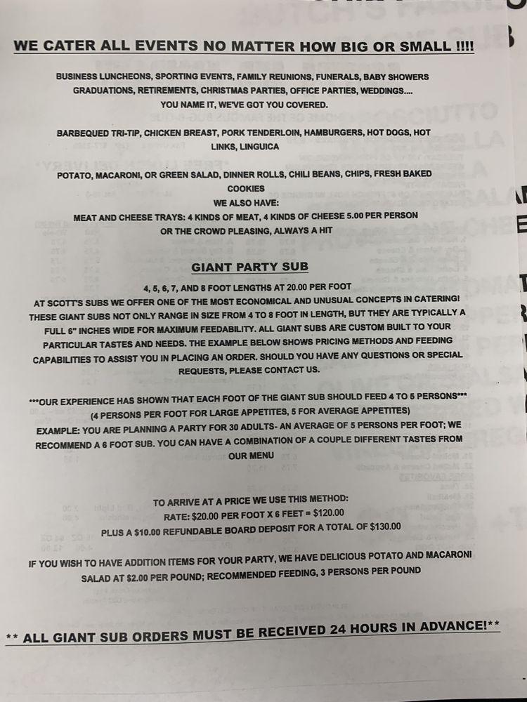 Menu at Scott's Sub Co restaurant, Modesto