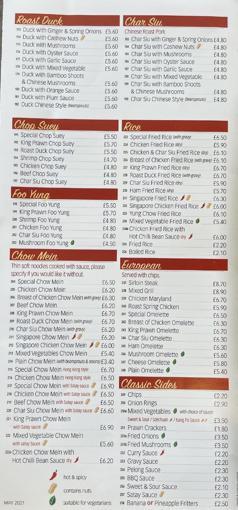 Menu at Shanghai Chinese Takeaway restaurant, Largs