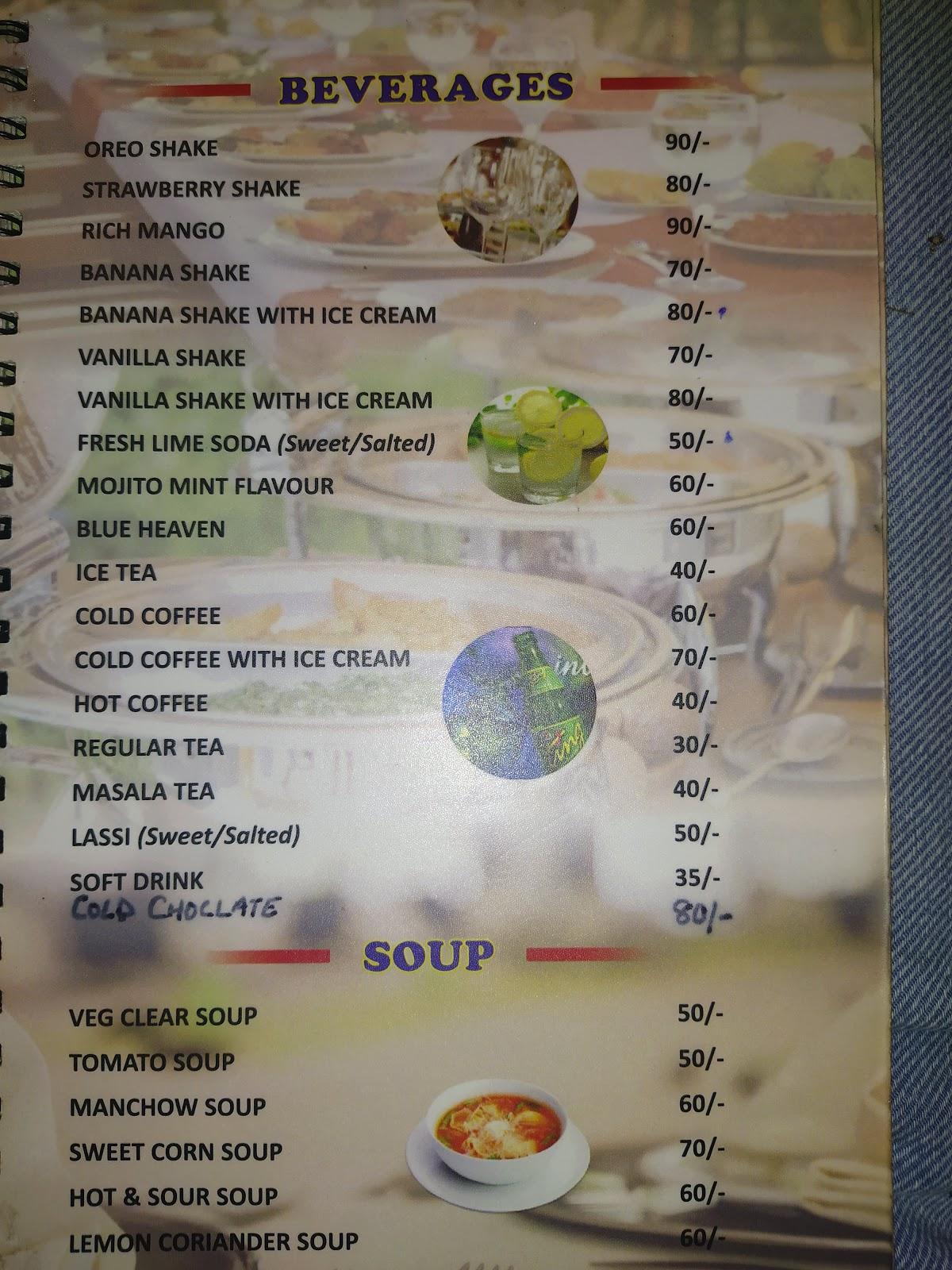 Menu at Shree Satguru Bakers, India