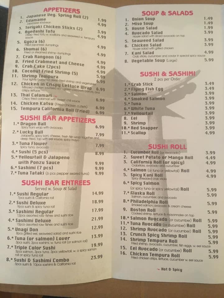 Menu at Yamato restaurant, Decherd