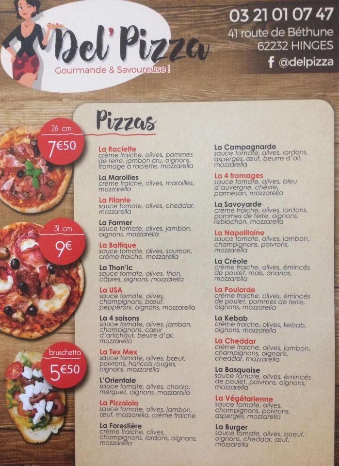 Menu au Del'pizza restaurant, Hinges