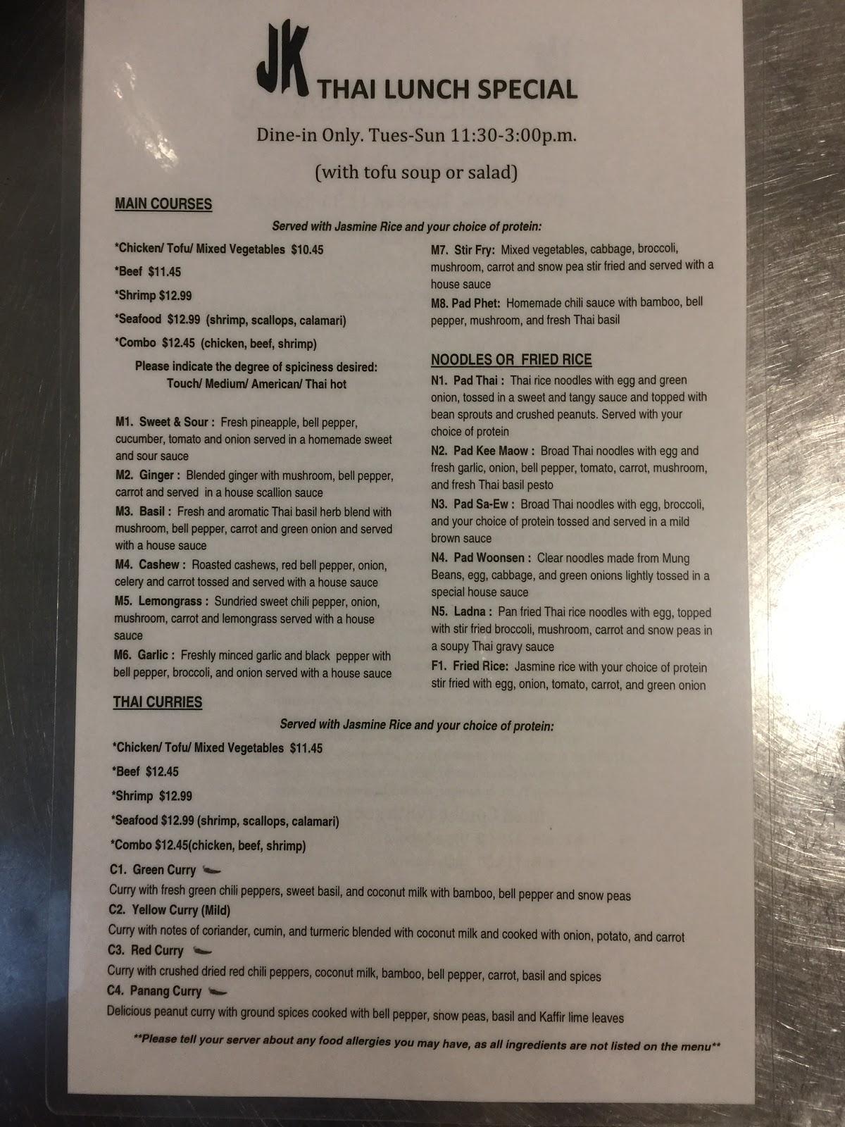 Menu at Jk Thai & Sushi restaurant, Mount Dora