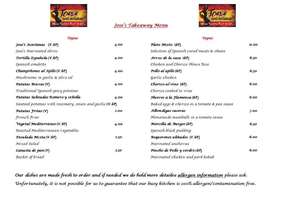 Menu at Jose's Tapas Restaurant, Wakefield