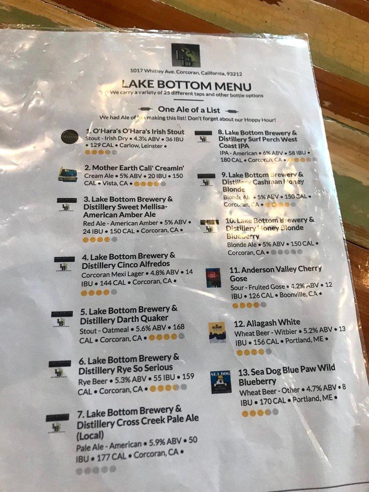 Menu at Lake Bottom Brewery & Distillery restaurant, Corcoran