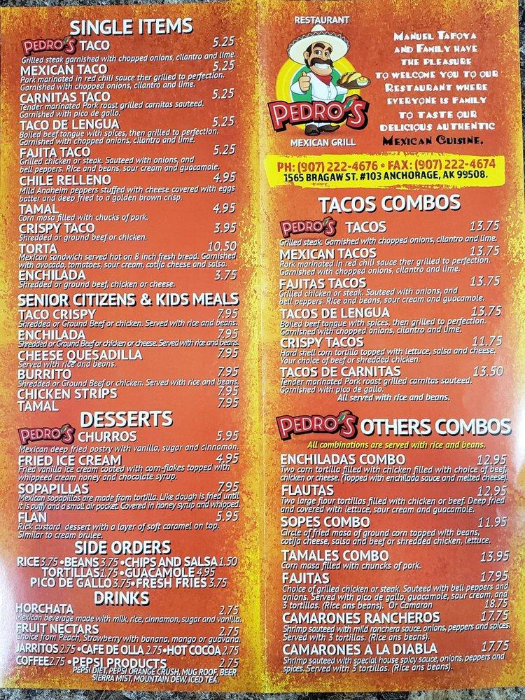 Menu at Pedro's Mexican Grill restaurant, Anchorage