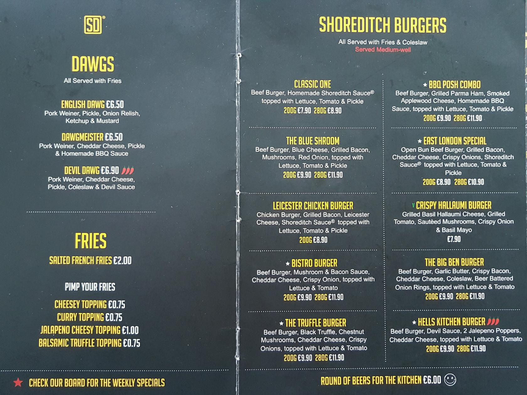 Menu at Shoreditch Bar and Kitchen, Saint Julian's