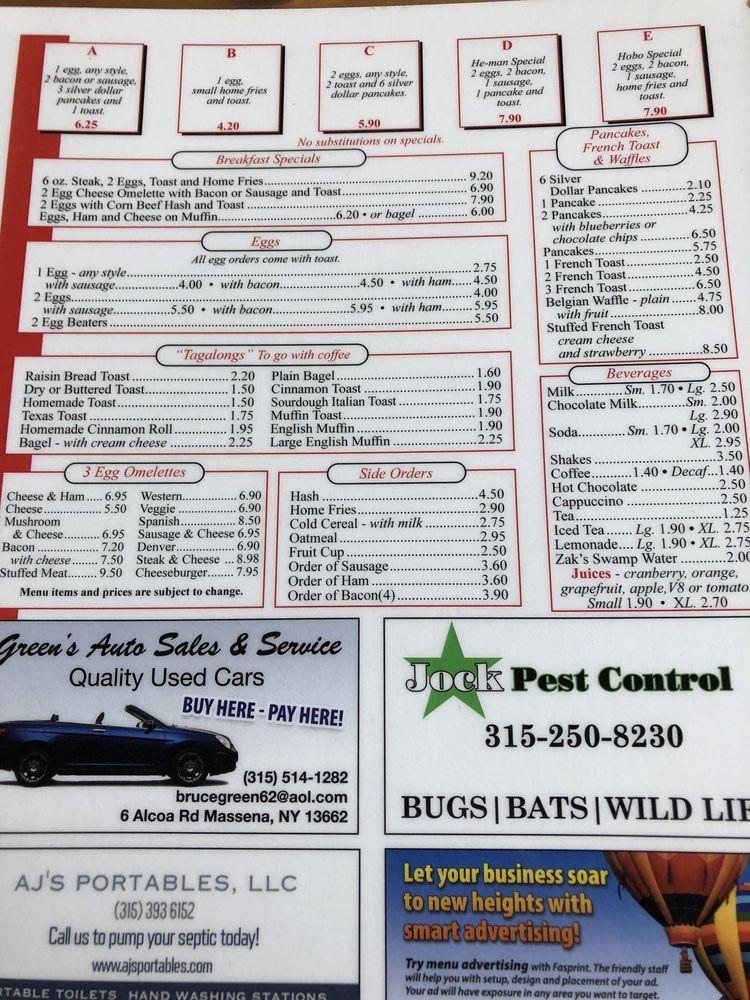 Menu at Spanky's restaurant, Massena