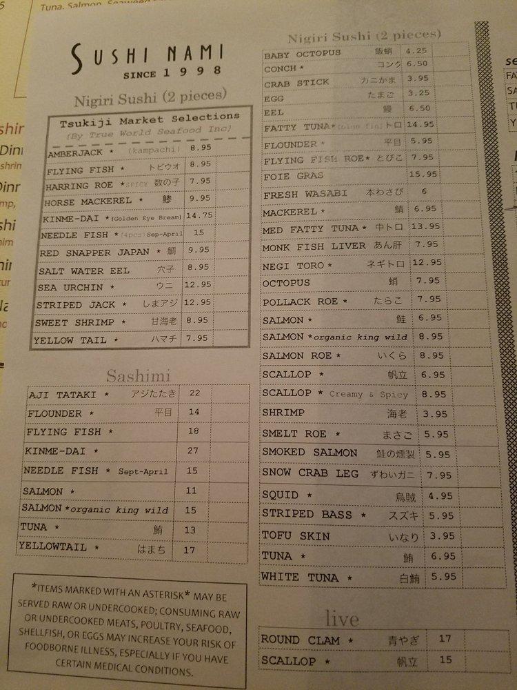 Menu at Sushi Nami restaurant, Suwanee