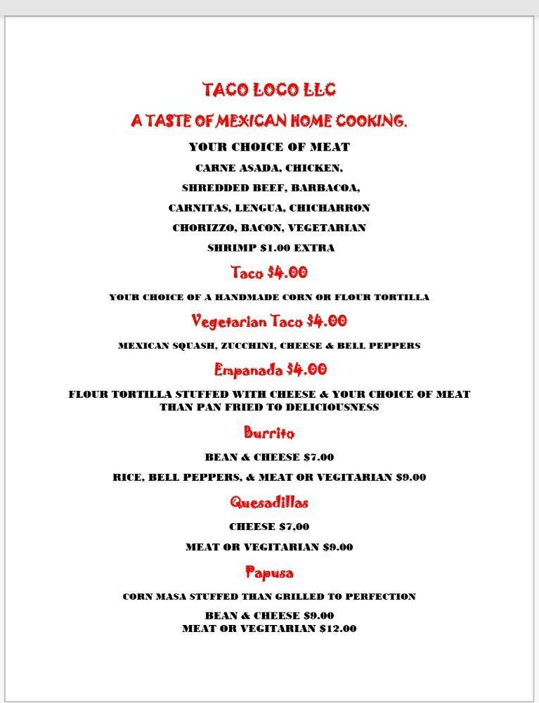 Menu at Taco Loco Bigfork restaurant, Bigfork