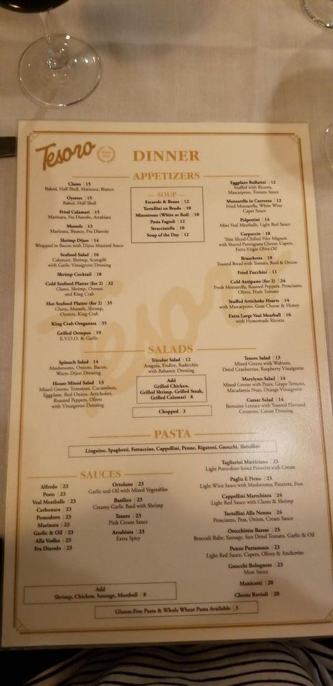 Menu at Tesoro restaurant, Westbury