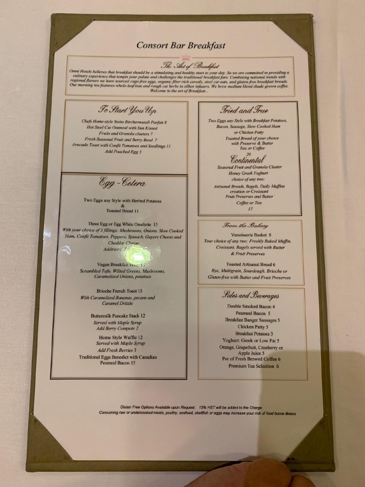 Menu at Victoria's Cafe, Toronto