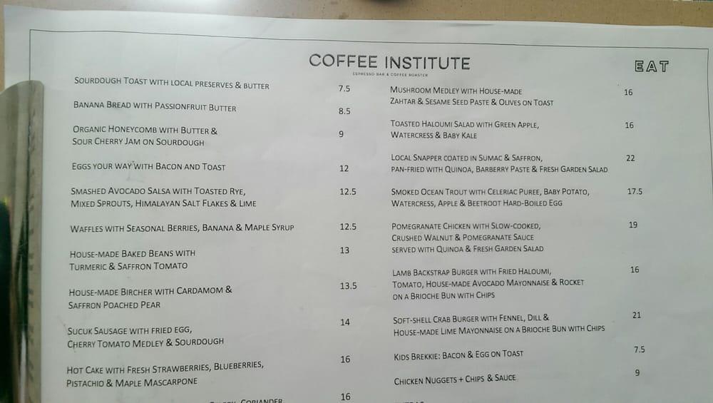 Menu at Coffee Institute cafe, Walkerville, 96 Walkerville Terrace