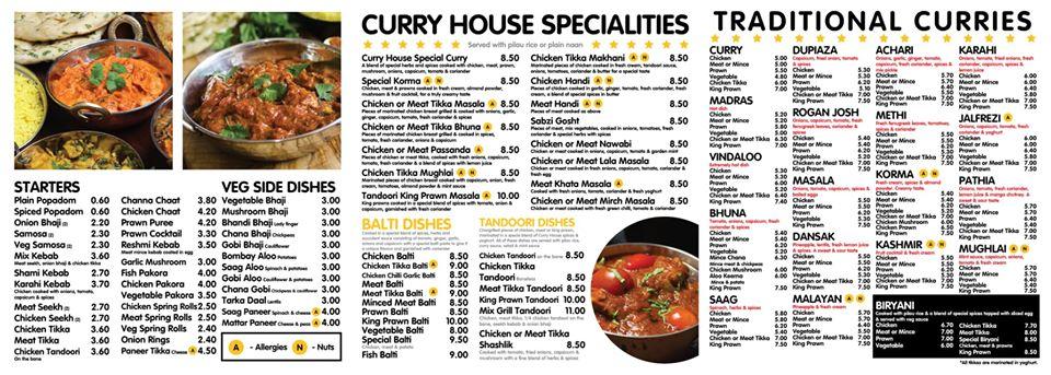 Menu at Curry House fast food, Mexborough