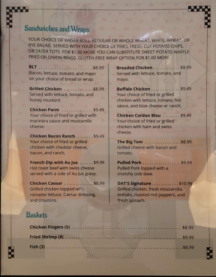 Menu at DAT's Eats, Treats, & Sweets restaurant, Nazareth