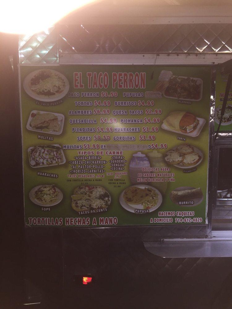 Menu at Taco Perron restaurant, Santa Ana