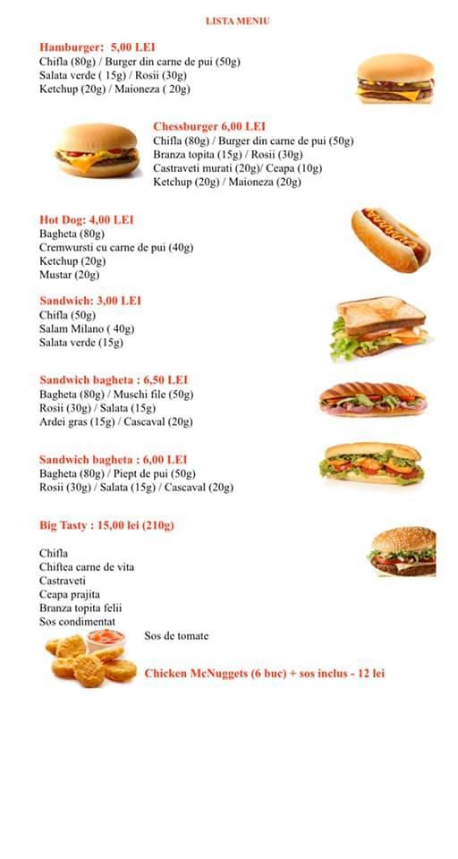 Menu at Fast Food Central, Buhuși