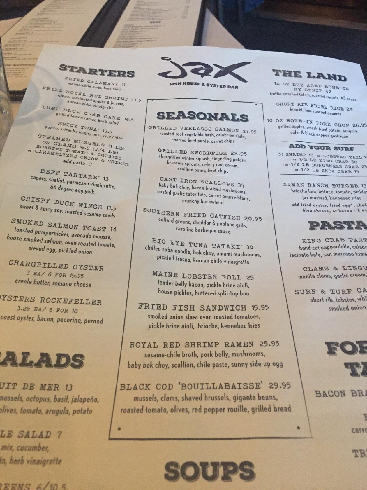 Carta de Jax Fish House & Oyster Bar, Glendale, 650 S Colorado Blvd