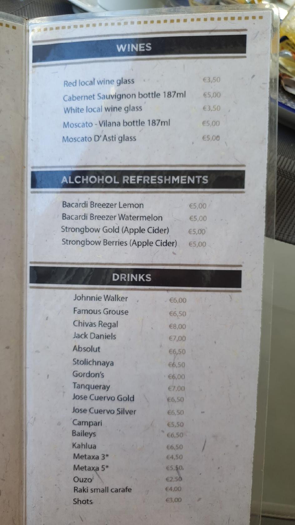 Menu at Kalamaki Mare Cafe, Galatas