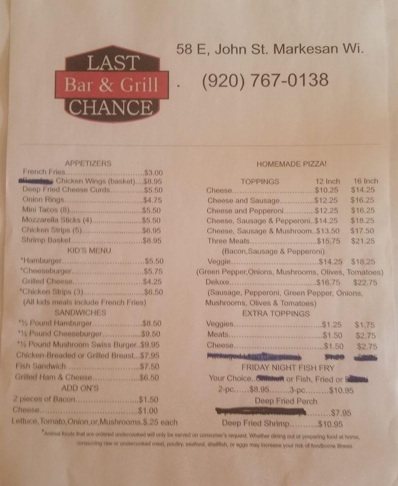 Menu at Last Chance Grill and Bar, Markesan